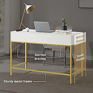 SUPERJARE Vanity Desk with Drawers, 47 inch Computer Desk, Modern Simple Home Office Desks, Makeup Dressing Table for Bedroom - White and Gold