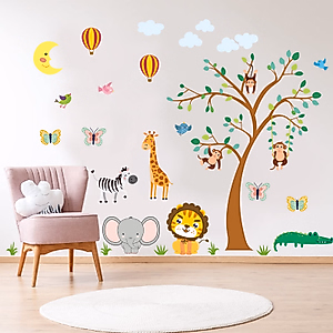 AnFigure Forest Animal Wall Stickers Giraffe Elephant Lion Wall Decals Monkey Tree Wall Stickers for Kids Girls Boy Baby Room Nursery Playroom Daycare Bedroom Kindergarten Wall Decor