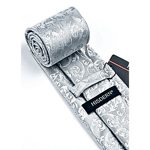 Silver Tie for Men Solid Paisley Floral Grey Mens Ties Handkerchief Set Classic Business Flower Tuxedo Neckties for Wedding Party Tie