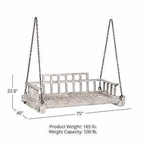 Ash & Ember Grade A Teak Twin Sized Porch Swing with Chain, 75" Wide Antique Finish Teak Wood Bed Frame with Grey Cushions, Weather-Resistant Backyard Benches Swings and Patio Furniture