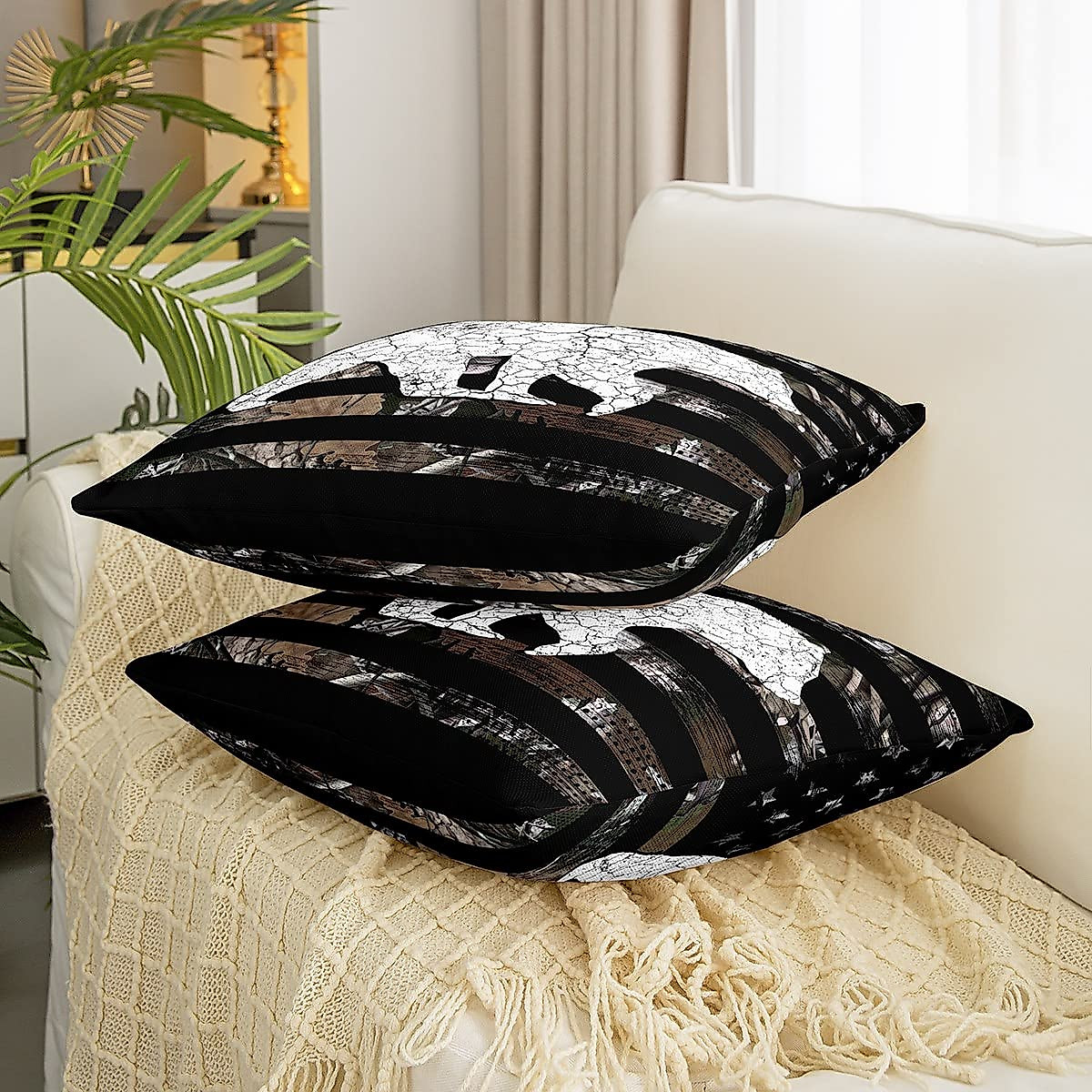 American Flag Pillow Cover 18x18 Inch Bear Animal Silhouette with Irregular Camo Pattern Cushion Cover for Bedroom Sofa Office Boho Rustic Style Pillow Case for Kids Teens Adults