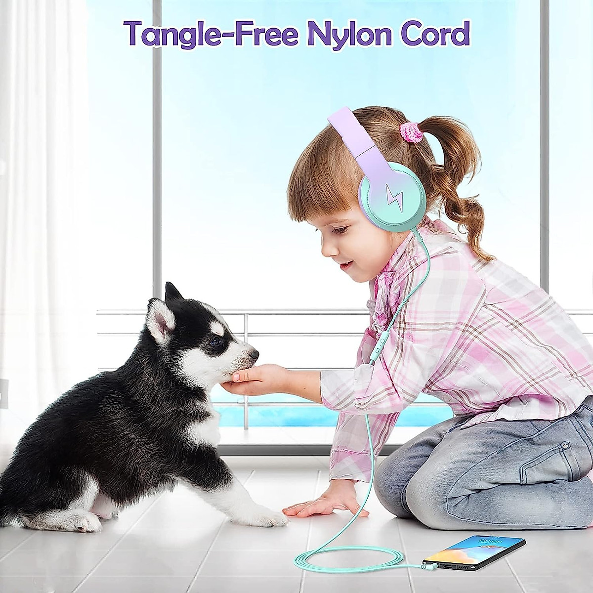 Candy Bila Kids Headphones, Wired Headphones for Kids Over Ear with Microphone, 85/94dB Volume Limiter Headphones for Girls Boys with Sharing Jack, Foldable Headphones for Online Study,Gradient Purple