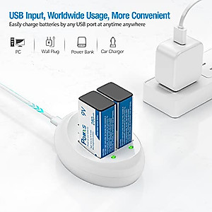 POWXS Rechargeable 9v Batteries with Charger, 2 Count High Performance NIMH 9 Volt Rechargeable Battery for Smoke Alarms Guitar Cameras Toys and More