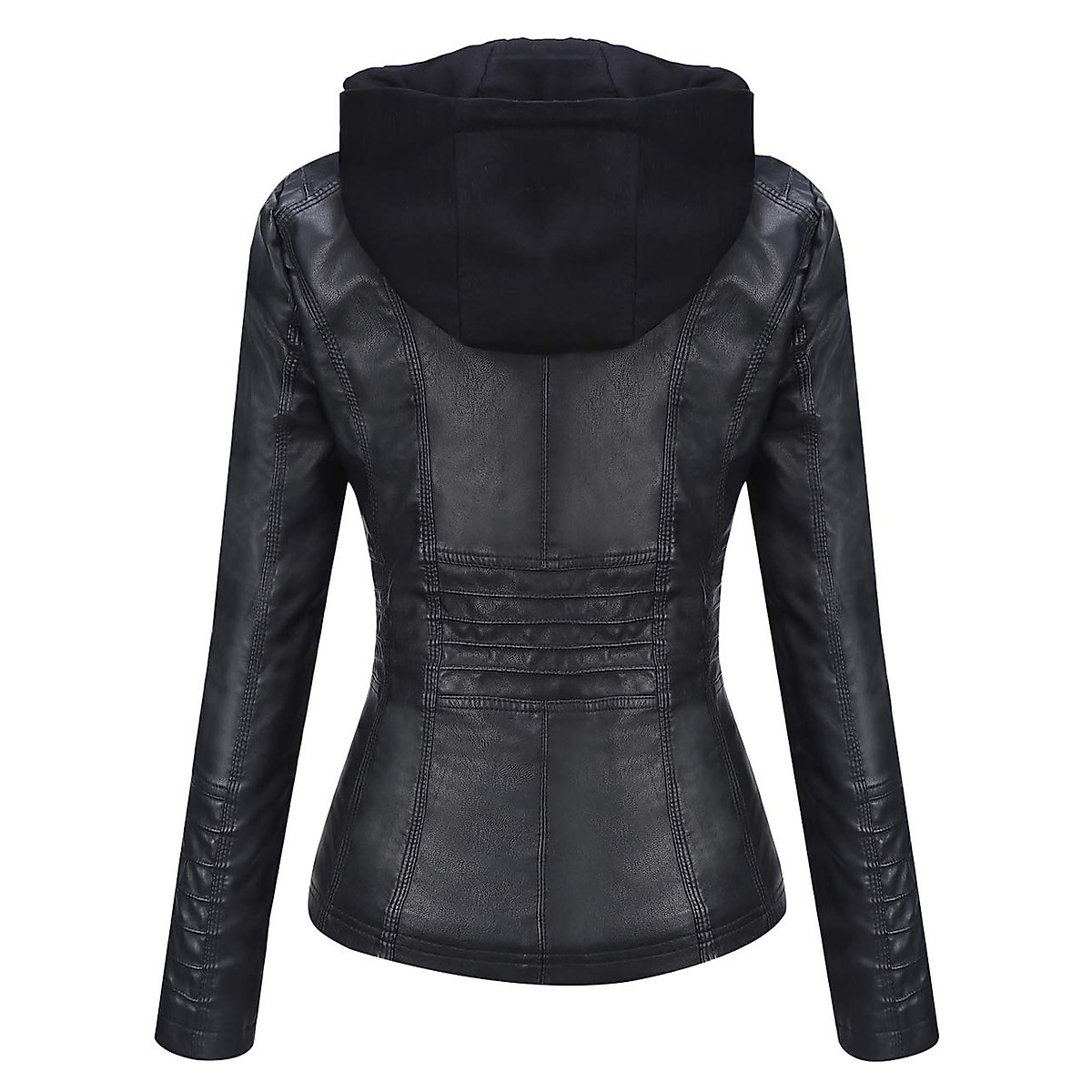 Springrain Women's Faux Leather Jacket Moto Biker Coat with Detachable Hood Motorcycle Jacket (Medium, Black)