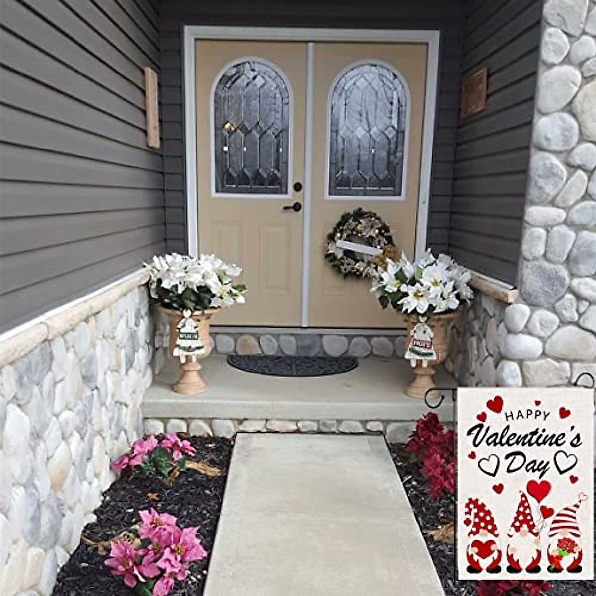Happy Valentine's Day Garden Flags, 12.5 x 18 Inch Vertical Double Sized Gnomes Burlap Flag for House Yard Outdoor
