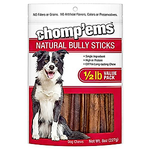 Chomp'ems Naturally Delicious Bully Sticks - Long Lasting No Hide Dog Chews - No Artificial Flavors, Colors, Or Preservatives - Protein Rich Alternative to Rawhide, 8 Oz.
