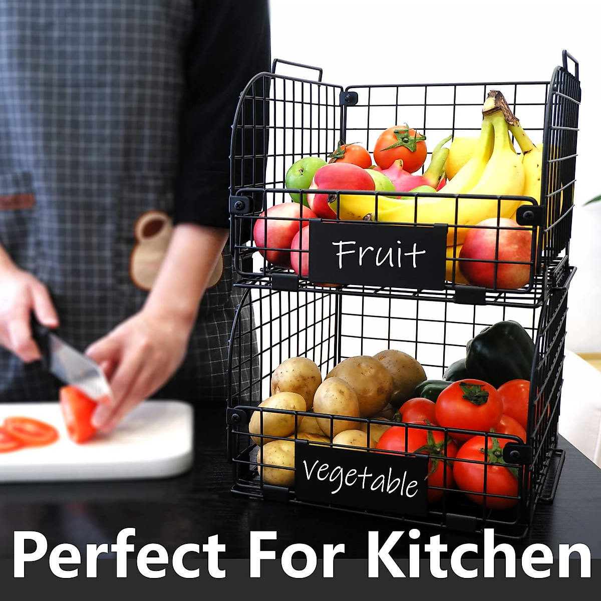 4 PACK Wire Stackable Baskets for Organizing,Fruit Basket for Kitchen,Pantry organizers and storage,12"x10.4"x7.8" Metal Baskets,Vegetable,Fruit,Snack,Onion,Potato,Can,K-Cup Organization,Black