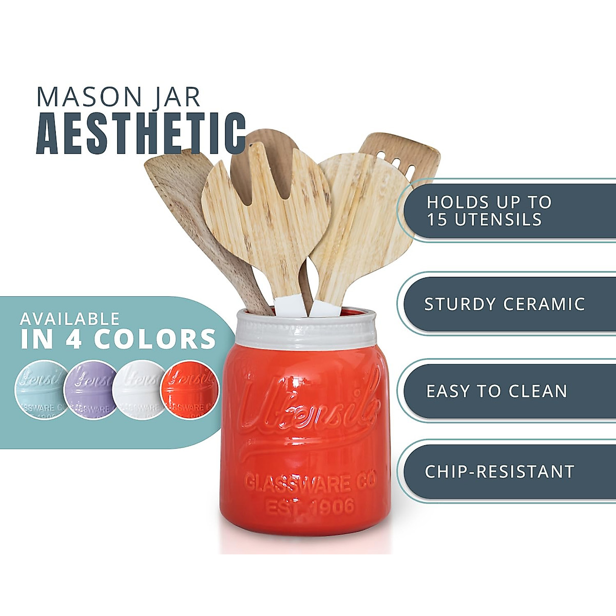 Comfify Wide Mouth Mason Jar Utensil Holder Decorative Kitchenware Organizer Crock, Chip Resistant Ceramic, Dishwasher Safe - Kitchen Caddy, Large Size 7" High - Coral