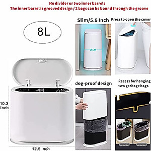 Cq acrylic 8L Slim Plastic Trash Can 2.1 Gallon Small Narrow Garbage Can with Press Top Lid,Dog Proof Wastebasket Trash Can for Bathroom,Living Room,Bedroom,Kitchen,Office,White