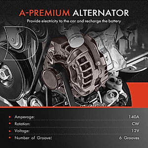 A-Premium Alternator Compatible with Dodge Grand Caravan & Chrysler Town & Country 2001-2007, Voyager 2001-2003, 3.3L 3.8L, 140Amp 12V CW 6-Groove Clutch Pulley, Replace# AND0293, VND0293
