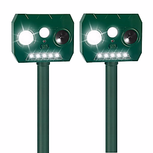 2 Pcs Solar Ultrasonic Animal Repellent 2024 Newest Cat Deterrent Outdoor with Motion Detector & Flash Light to Repel Squirrel, Cat, Deer, Skunk, Rabbit, Dog, Raccoon, Bird for Yard Lawns