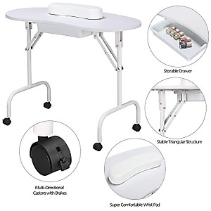 Yaheetech 37-inch Portable & Foldable Manicure Table Nail Desk Workstation with Large Drawer/Client Wrist Pad/Controllable Wheels/Carrying Case for Spa Beauty Salon White, 1 Count (Pack of 1)