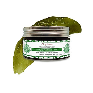 Clay Lotus Organic Face Wash - Acne-Prone, Oily Skin Cleanser with Tea Tree Oil & Neem. All-Natural Ingredients for Blemishes, Redness & Blackheads, Vegan Formula For Teens, Women and Men