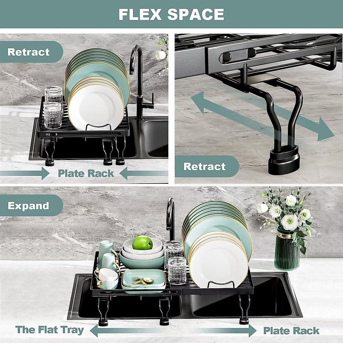 MOUKABAL Expandable Dish Drying Rack-Over Sink&Dish Drainer Holder for Kitchen Counter,Space-Saving Kitchen Organizer with Large Capacity,Matte Black, Stainless Steel