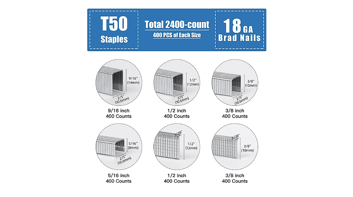 SITLDY Heavy Duty T50 Staples & 18GA Brad Nails - 6 Sizes