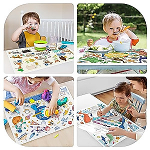 Disposable Placemats for Baby, Maliton Kids Placemats for Dining Table, Restaurants, Travel, 12" x 18" Baby Place Mats with 4 Designs, 28 Pack Waterproof Stick-On Mats for Toddler(Individual Package)