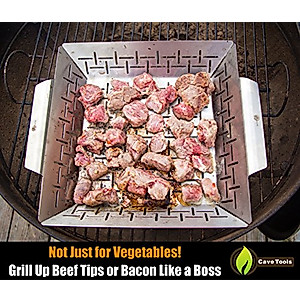Cave Tools Vegetable Grill Basket - Large Non Stick BBQ Grid Pan for Vegetables, Meat, Fish, Shrimp, & Fruit - Dishwasher Safe Stainless Steel - BBQ Grill Accessories
