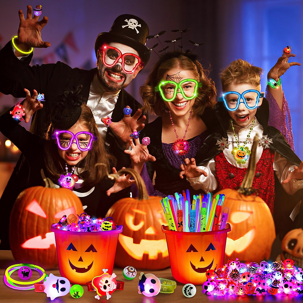 96 Pcs Halloween Party Favors Toys Bulk,Halloween Light Up Rings Glow Sticks Spin Necklace,Halloween Treats Non-Candy Goodie Bag Fillers Basket Stuffers Classroom Prizes Gifts for Kids Trick or Treats