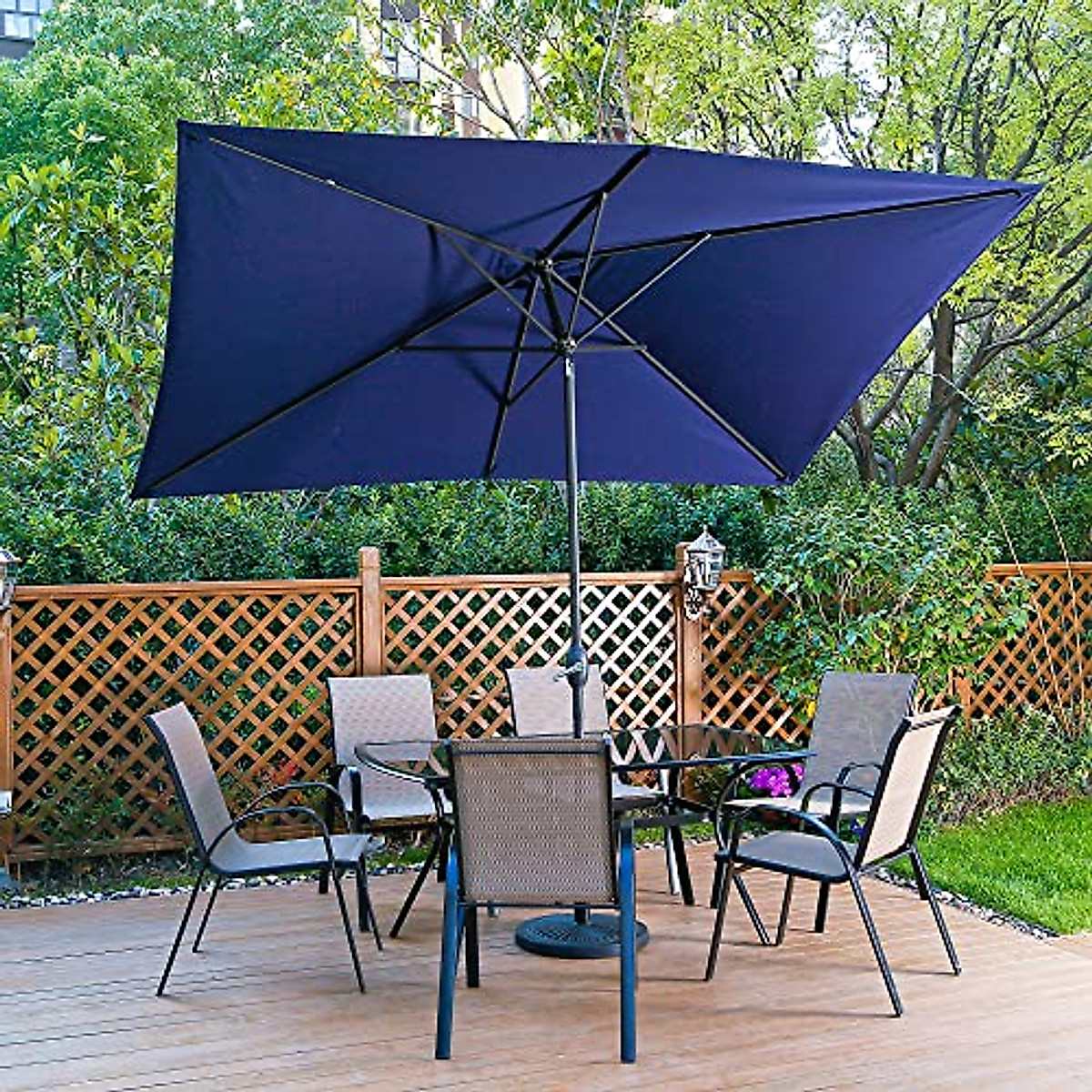 Aok Garden 6.5x10 ft Rectangular Patio Umbrella Outdoor Market Table Umbrella Aluminum Pole with Tilt and Crank 6 Sturdy Ribs for Deck Lawn Pool, Navy Blue