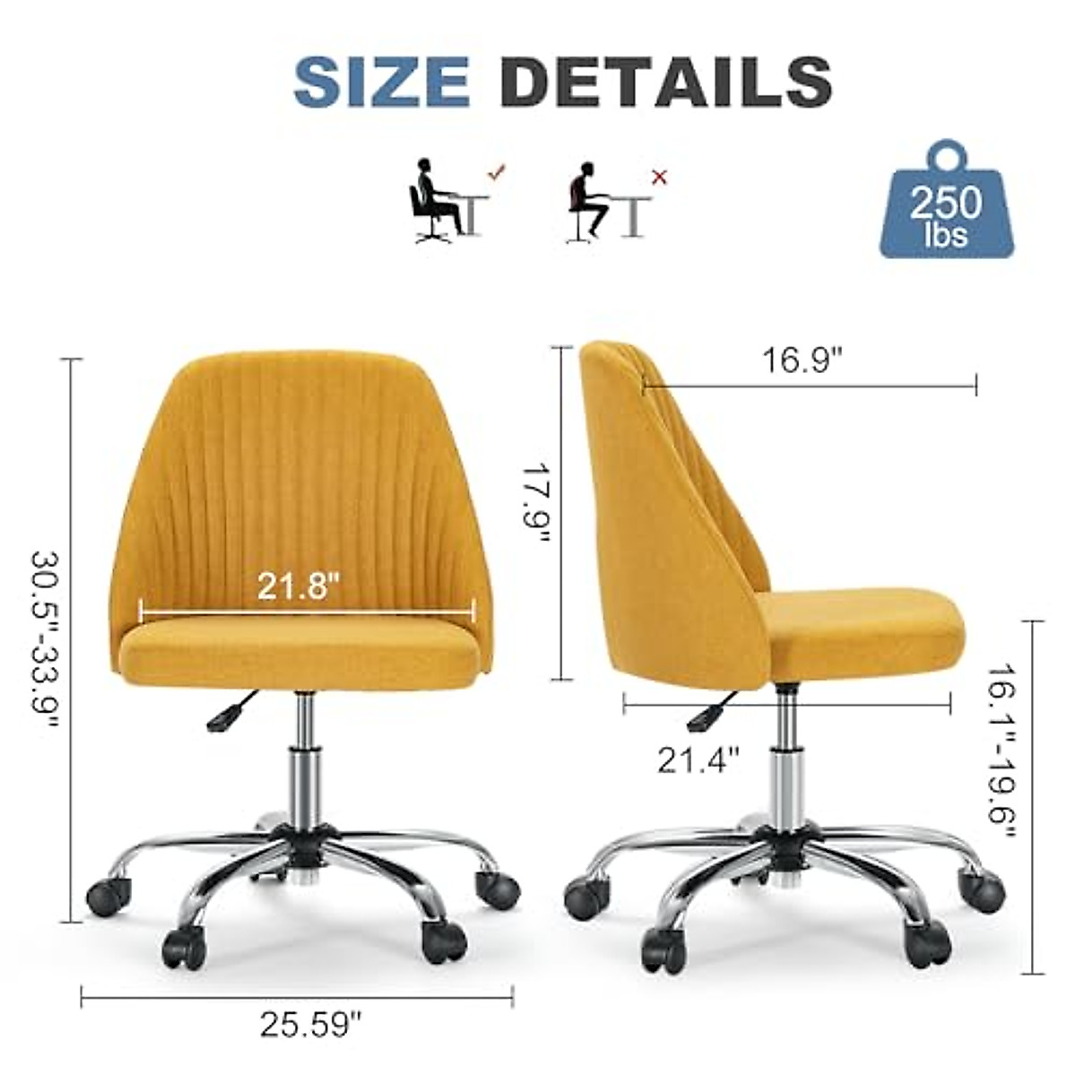 DUMOS Fashion Small Wheels Cute Vanity Swivel Back Mid Century Modern Armless Home Desk Task Chair for Bedrooms, Office, Dressing Room, Study, Yellow