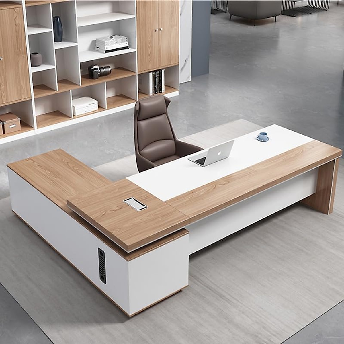 LITFAD L-Shaped Office Computer Desk with Secure Drawer, CPU Cabinet and Cord Management Modern Wood Executive Desk Writing Desk Boss Table Office Furniture, Without Chairs, 71" L x 63" W x 30" H