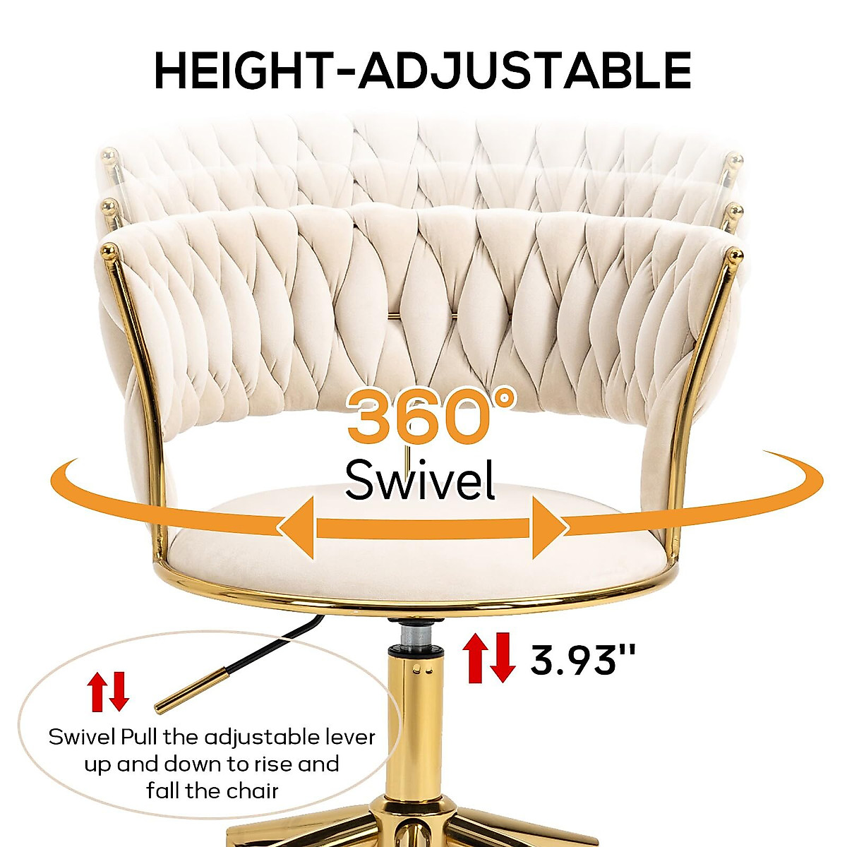 NIOIIKIT Velvet Office Desk Chair with Hand Woven Backrest, 360° Swivel & Height Adjustable Task Chairs, Makeup Chair, Living Room Chairs with Stainless Base and 5 Wheels (Ivory)
