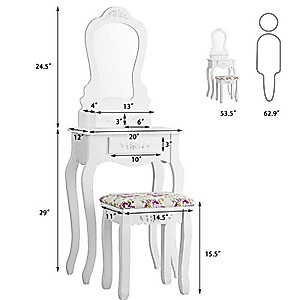 Giantex Vanity Set with 3 Drawers and Cushioned Stool, Makeup Dressing Table for Bathroom Bedroom Small Space, Vanity Table and Bench for Kids Girls Women Gifts (White)