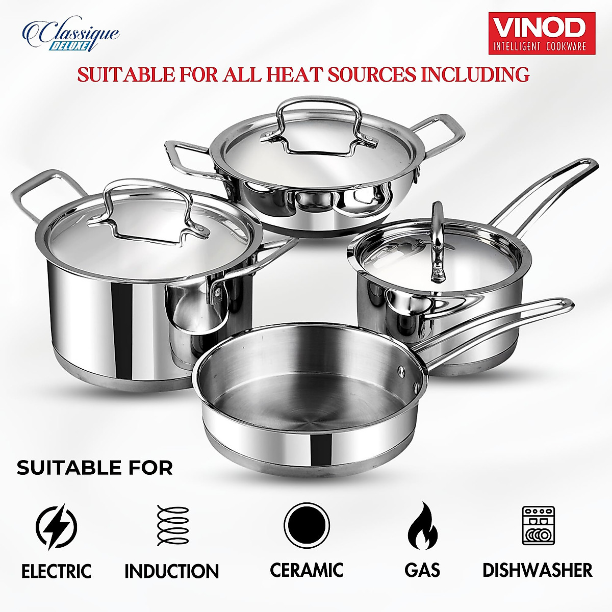Vinod Classic Deluxe Stainless Steel Cookware Combo Set of 4 Pcs/Saucepan, Saucepot, Kadai and Frypan/Deep Kadhai for Cooking/Heavy Induction Bottom
