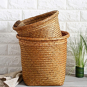 GANAZONO Straw Woven Trash Can, Wicker Waste Bin 12 Inch Small Handmade Planter Rustic Flower Pot Round Waste Basket Farmhouse Garbage Can for Bathroom Desktop Rubbish
