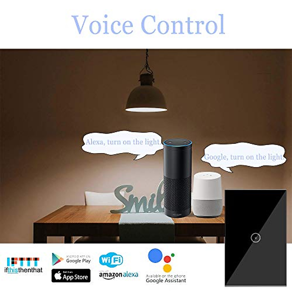 WiFi Light Switch, smart touch wall light switch, easy to install, App Remote Control Timer Switch，Voice Control，Set schedule timer，compatible with Amazon Alexa and Google Assistant
