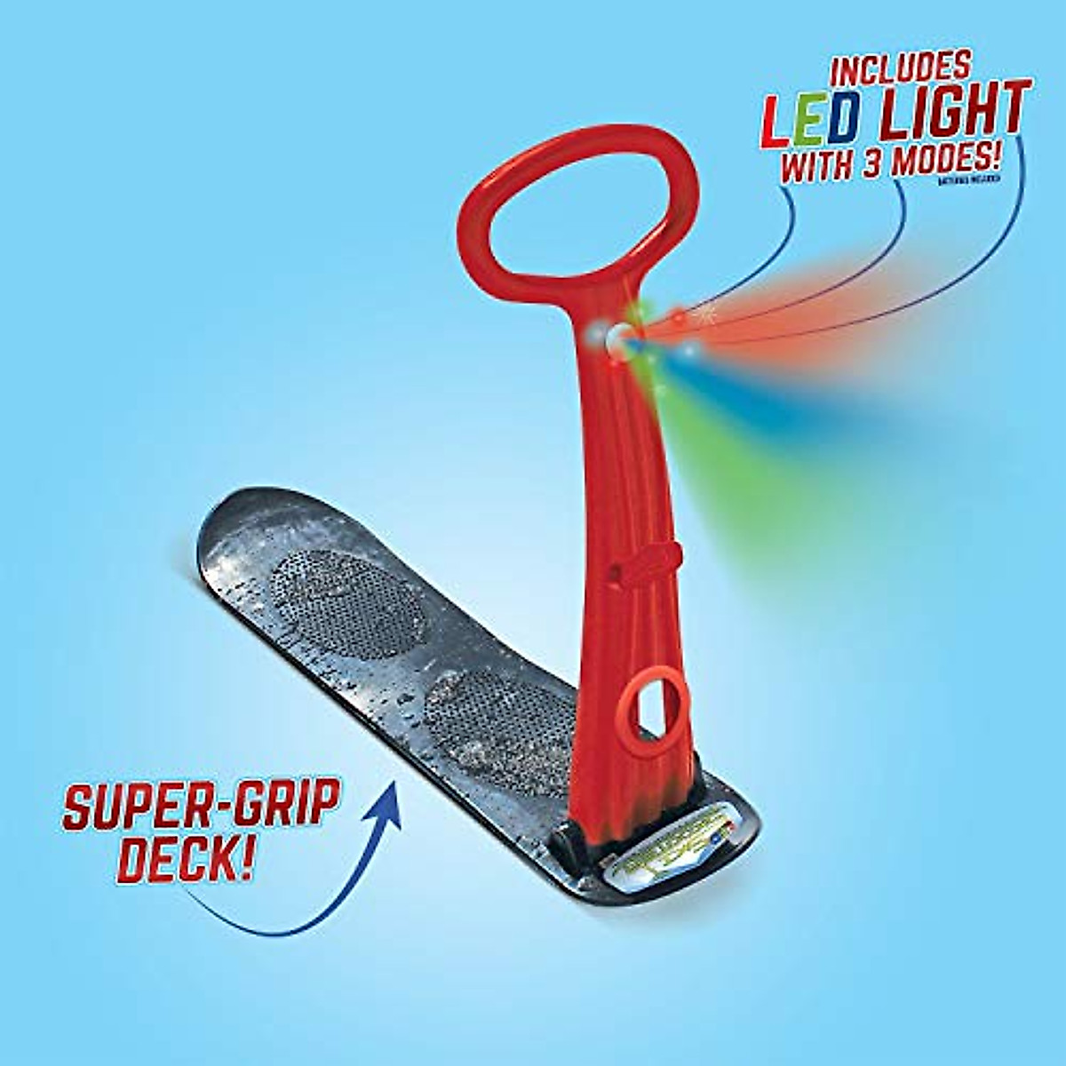 Geospace Original Winter Fun Ski Skooter Sled with Single LED Light: Fold-up Portable Snowboard Kick-Scooter Sled for Use on Snow (RED)