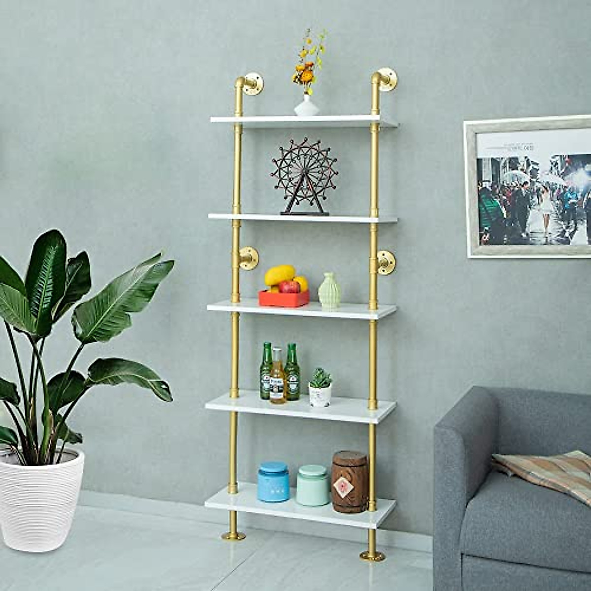 HEONITURE 5 Shelf Modern Gold Bookshelf, Wall Mount White Bookcase, Ladder Shelf with Metal Frame, Display Shelf Shelves for Living Room/Home/Office