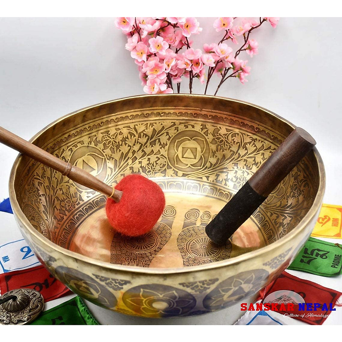 Large Singing Bowl - 16 Inches in Diameter - Buddha's Feet Etched by Artisans from Nepal - For Healing, Sound Bath, Yoga, Relaxation, and Meditation Gold