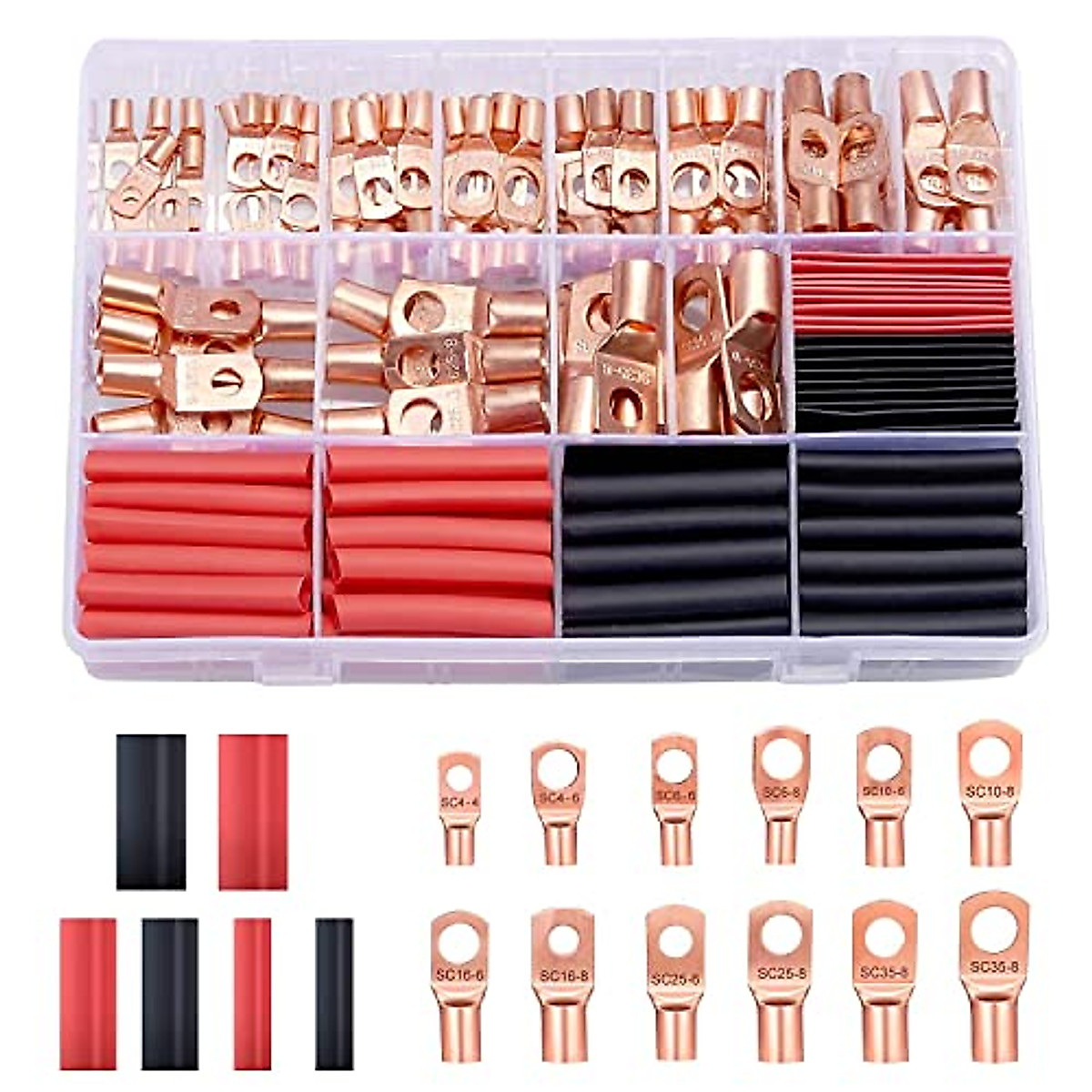 240pcs Copper Wire Lugs Battery Terminals Battery Cable Ends, AWG 2 4 6 8 10/12 Gauge Wire Connectors, 110Pcs Wire Lugs Terminal Connectors with 130Pcs Heat Shrink Tubing for Marine Electrical