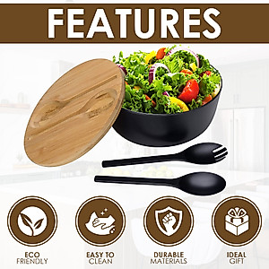 Bamboo Fiber Salad Bowl with Servers Set, 9.8 inches Large Solid Wooden Mixing Salad Bowls With Lid, Fiber Spoon and Fork for Serving for Pasta, Fruits, Vegetables(Black)