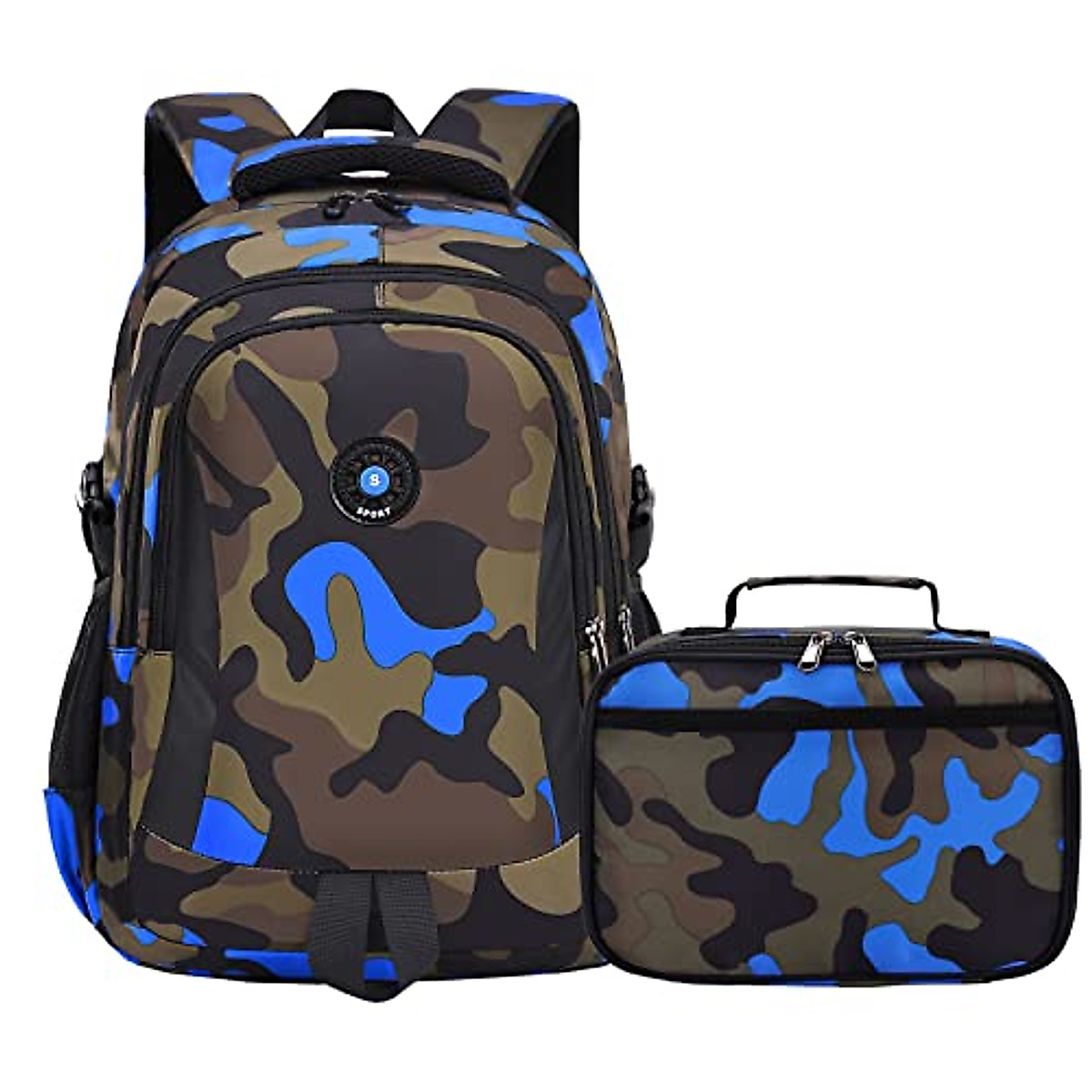 Yvechus Camo Backpack Set with Lunch Bag Lightweight Waterproof School Backpack Bookbag for Boys Girls (C-Style Camo Blue)