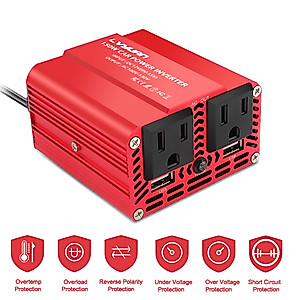 LVYUAN 150W Car Power Inverter 12V to 110V AC Car Charger Adapter with 3.1A Dual USB Car Adapter for Plug Outlet Red