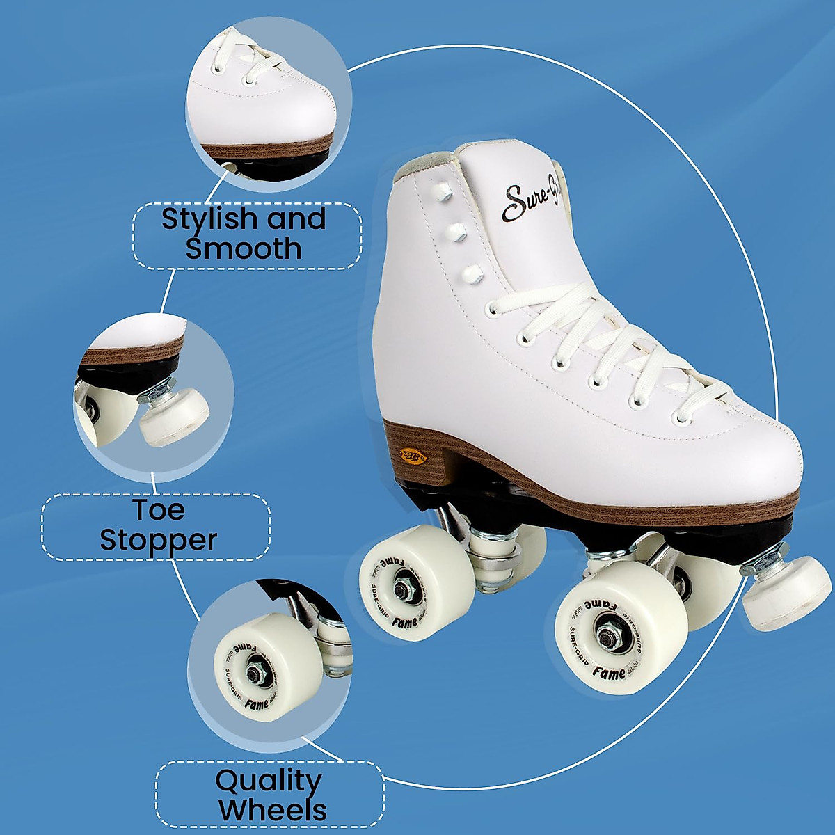 Sure-Grip White Fame Roller Skates for Women - Made of Nylon & Aluminum - 57mm Polyurethane Indoor Wheels for Skating - Super X Trucks Extended Support for Larger Sizes - Suitable for Beginners