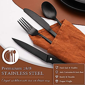 Hiware 24 Pieces Matte Black Silverware Set with Steak Knives for 4, Stainless Steel Flatware Utensils Set, Hand Wash Recommended