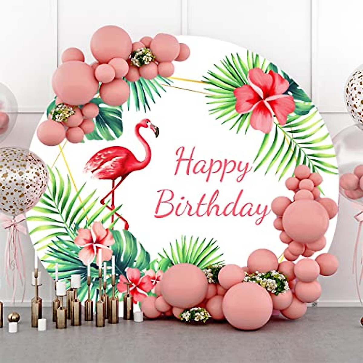 AWERT Polyester Diameter 5ft Flamingo Birthday Round Backdrop Summer Tropical Hawaiian Floral Plam Flower Photography Background Boy Girl Party Baby Shower Decorations Photo Booth Props