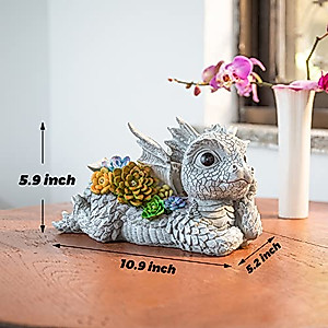 Ovewios Garden Dragon Statue Outdoor Decor, Dragon Garden Sculpture Waterproof Solar LED Lights Resin Succulent Decorations for Outside Lawn Patio Patio Yard Ornament Gifts