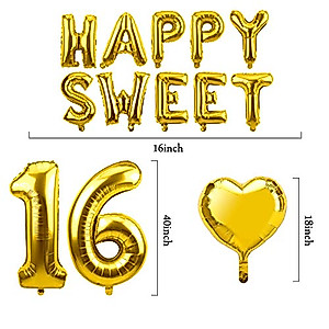 Lnlofen Happy Sweet 16 Balloon Banner with 2 Heart Foil - Gold 16th Birthday Party Decorations - Happy Sixteen Party Decorations Supplies