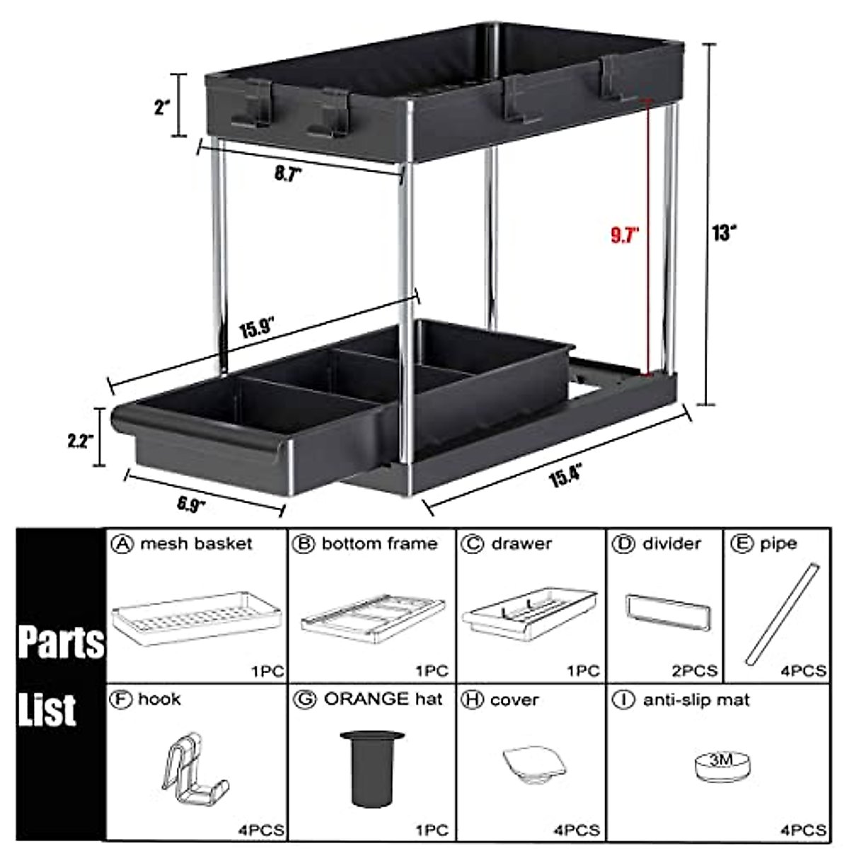 MOUDAO 2 Pack Under Sink Organizers and Storage Bathroom Organizer, 2 Tier Black Under Sink Organizer Cabinet Kitchen Organization Pantry Closet with Pull-Out Drawers, Anti-slip Mats, Hanging Hooks