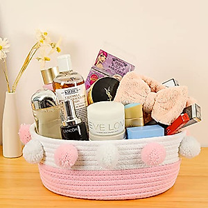 RengaoRise Small Pink Basket with Pompoms, 10.6" x 9.8" x 4.3" Oval Decorative Cute Cotton Rope Woven Baby Basket for Diapers, Towels, Hair Accessories,Toys, Gifts, Basket Empty to Fill for Baby Shower, Nursery, Birthday