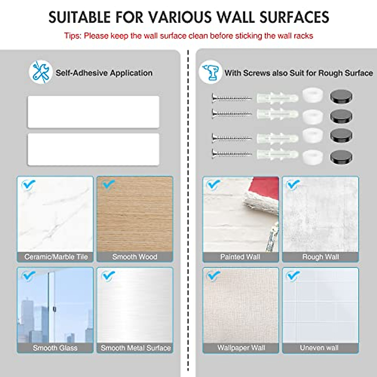 Mop Broom Holder Wall Mounted SUS304 Stainless Steel, HOMEASY Mop Broom Organizer with 2 Installation Methods (No Drilling & Screw Drilling Installation 2 In 1), Mop Hanger Heavy Duty with Hooks, 2PCS