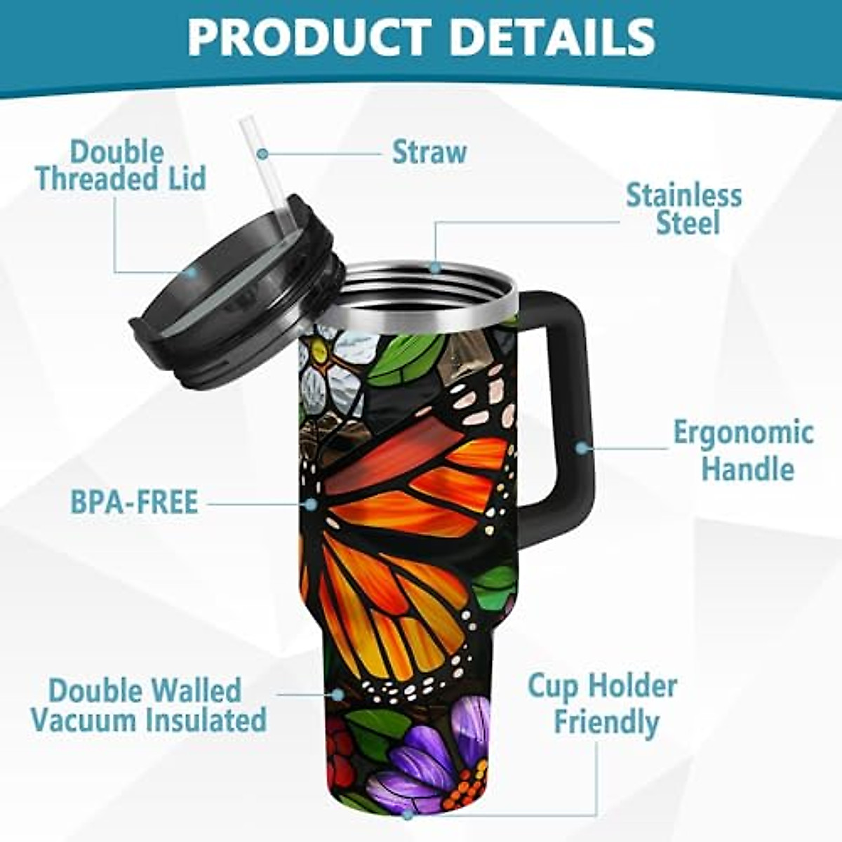 Bokkoy Big Orange Butterfly 40 oz/30 oz Tumbler with Handle and Straw Stainless Steel Tumbler with Lid Reusable Vacuum Insulated Cup