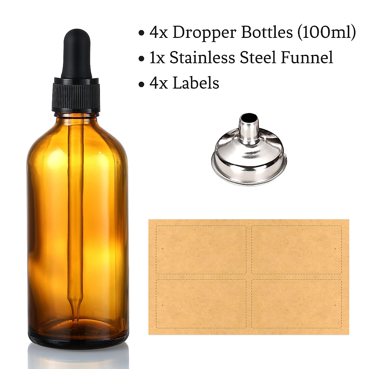 AOZITA 4 Pack, 100ml Dark Amber Dropper Bottles with 1 Funnels & 4 Labels - 3.4oz Brown Glass Tincture Bottles with Eye Droppers for Essential Oils, Liquids - Leakproof Travel Bottles