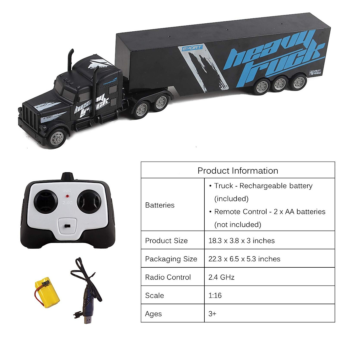 Vokodo RC Semi Truck and Trailer 18 Inch 2.4Ghz Fast Speed 1:16 Scale Rechargeable Battery Remote Control Tractor Tanker Hauler Car Big Rig 18 Wheeler Toy for 3 4 5 6 7 8 Year Boys Kids (Black)
