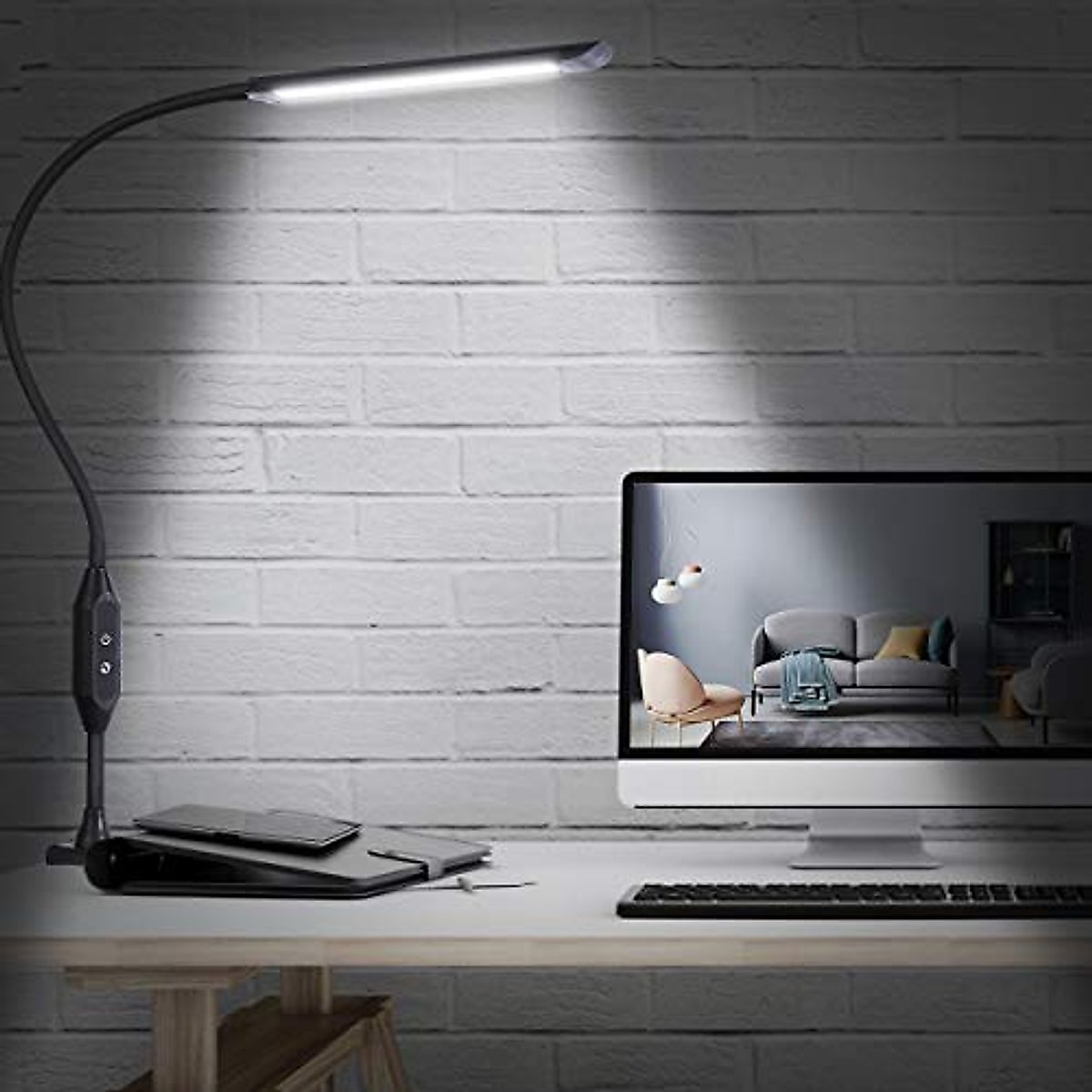 KEDSUM LED Desk Lamp with Clamp, Flexible Gooseneck Clamp Lamp with Touch & Remote Control, 10W Eye-Care Architect Desk Lamp for Office/Home, with 5 Color Modes, 5-Level Brightness & Memory Function