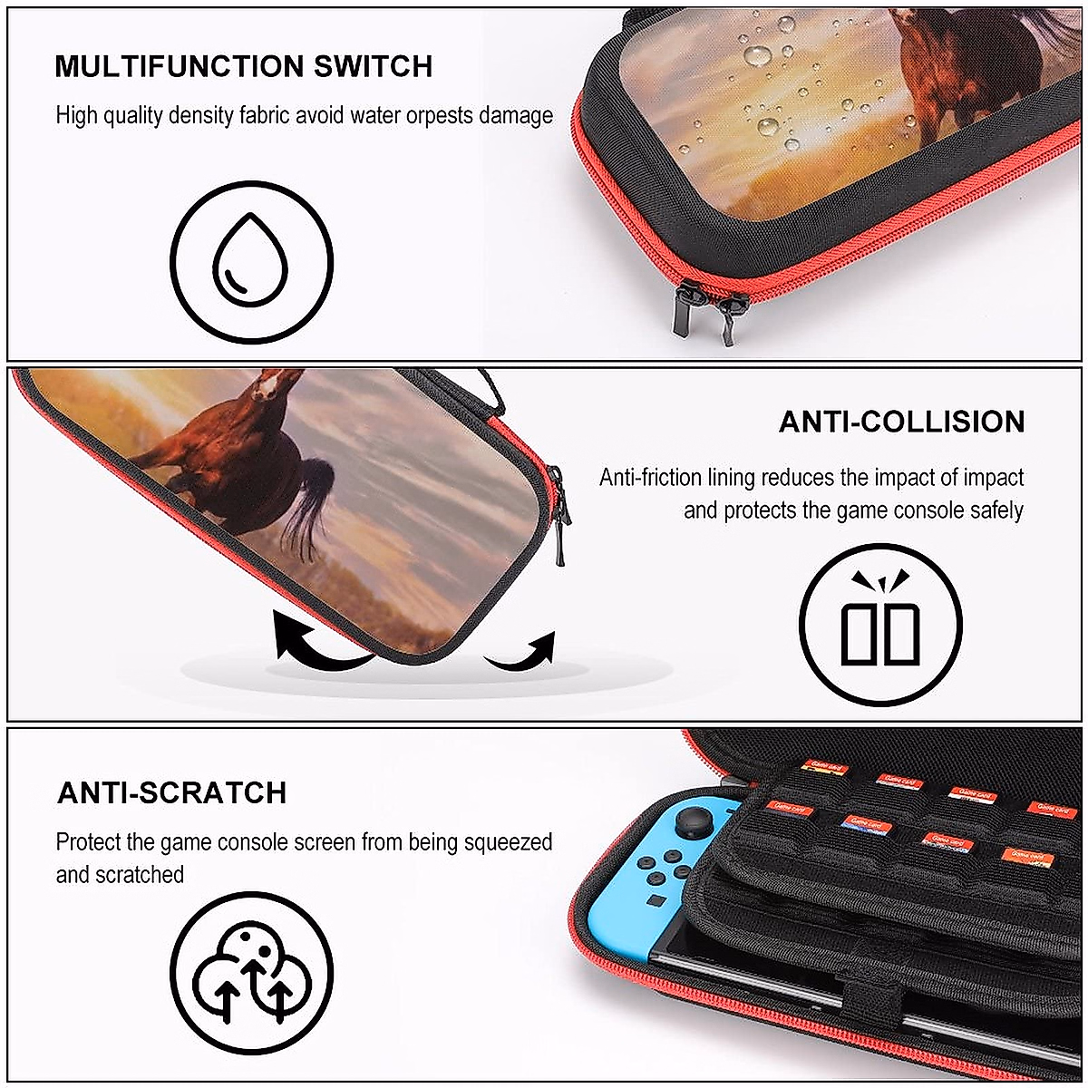 Horse Running on Grass Travel Carrying Case Tote Bag For Nintendo Switch Accessories Holds 20 Game Card Bag